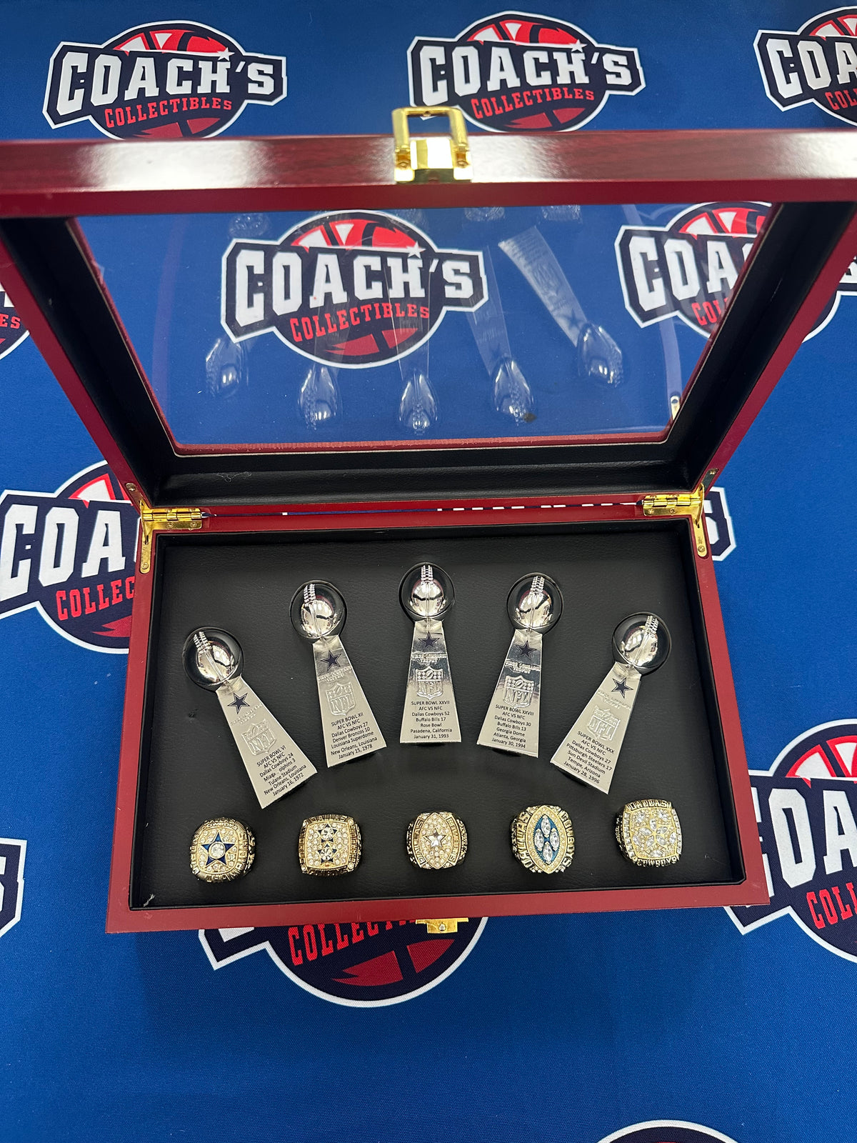 Dallas Cowboys 10pc Replica Super Bowl Ring & Trophy Set w/ Display Bo ...