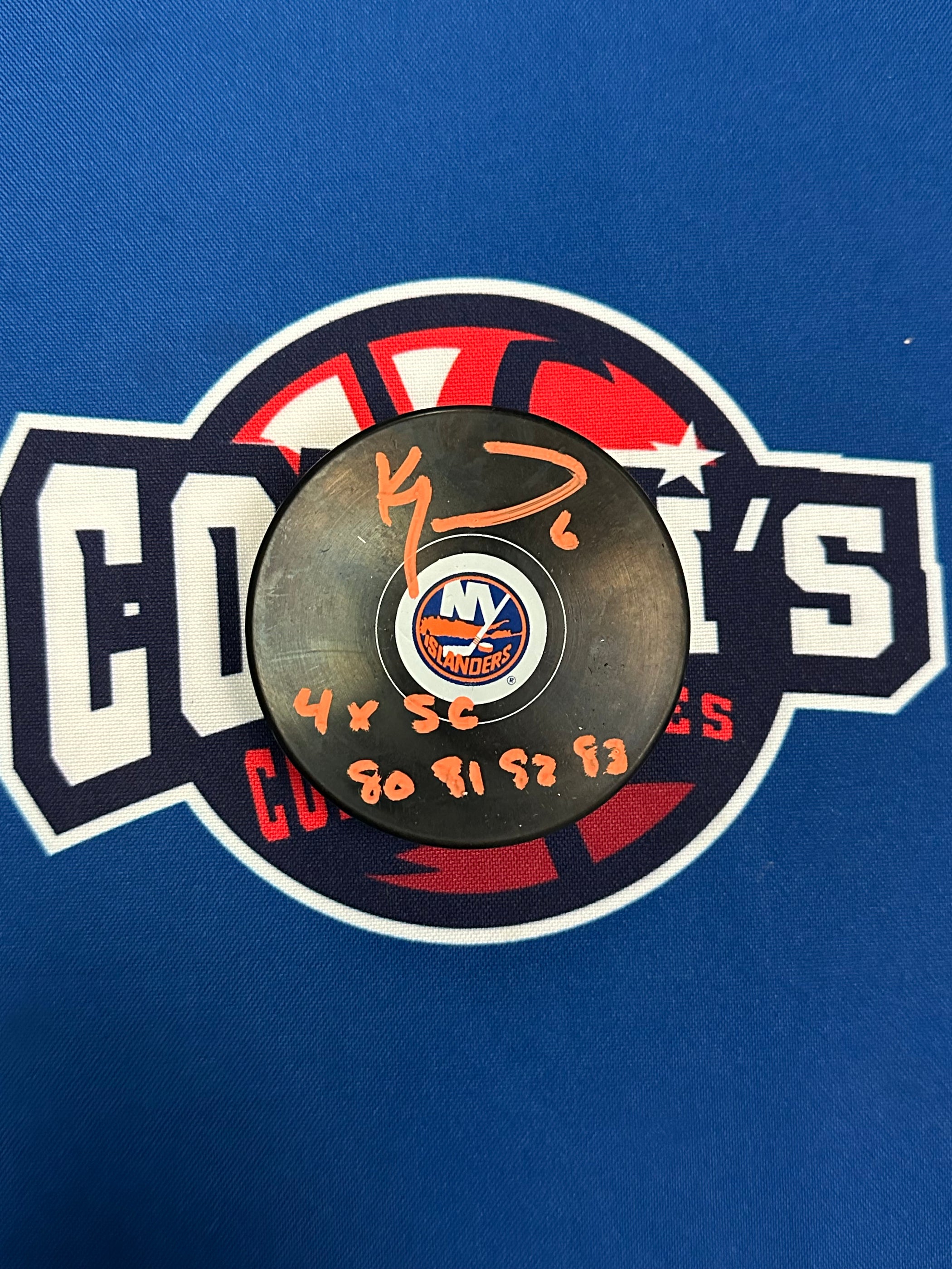 Ken Morrow Autographed NY Islanders Puck with 4x SC 80,81,82,83 Inscri ...